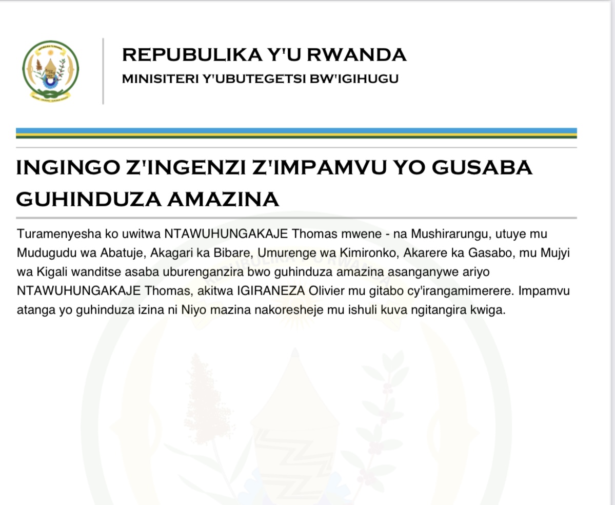 Gusaba guhindurirwa amazina ya NTAWUHUNGAKAJE Thomas - Impuruza